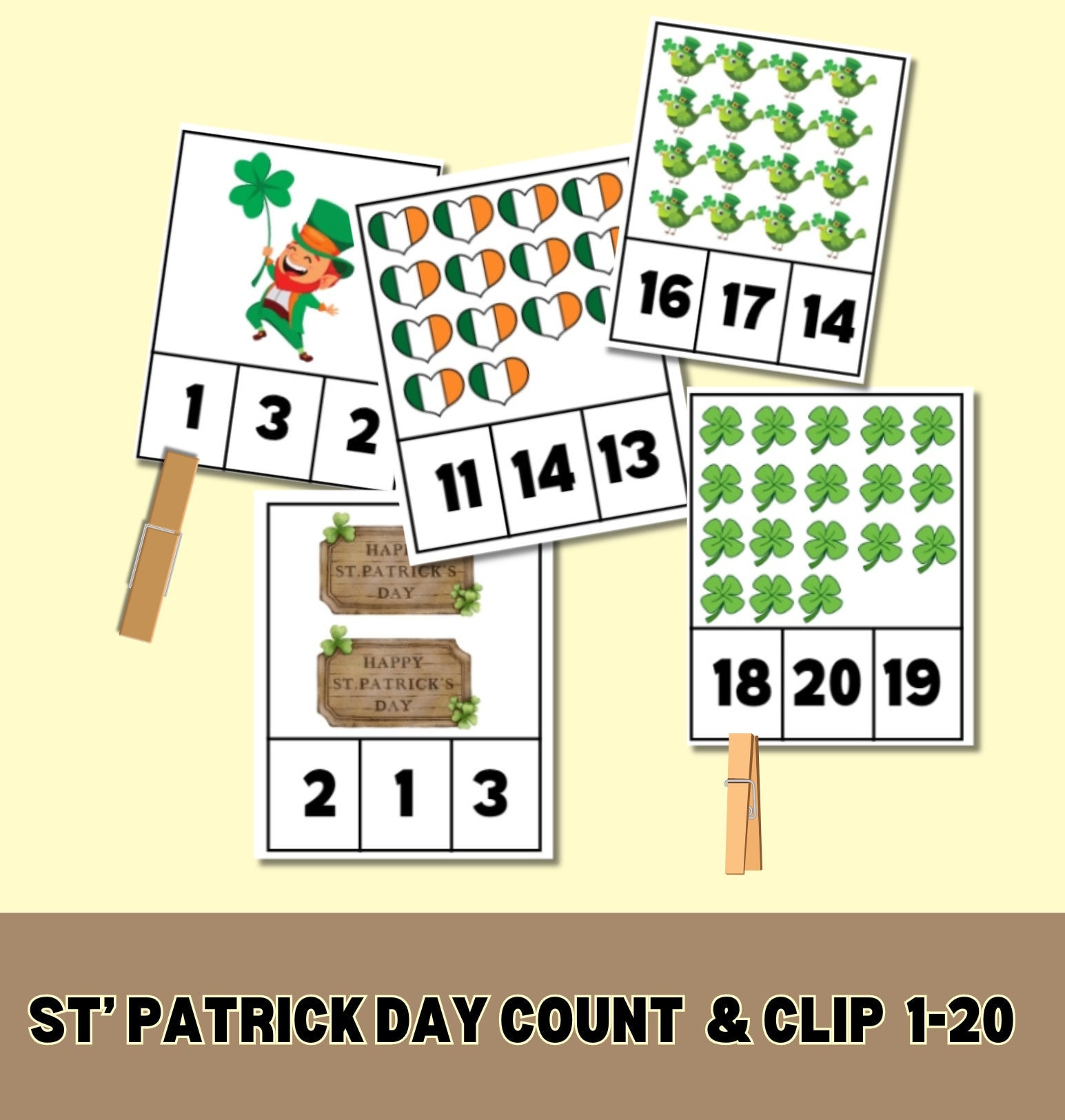 Count and Clip Cards Numbers to 20, St'patrick's Day Themed Cards ...