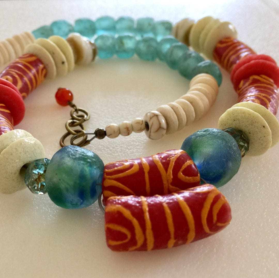 African Beaded Necklace, Ghana Krobo Beads, Terra Cotta and Aqua Choker ...