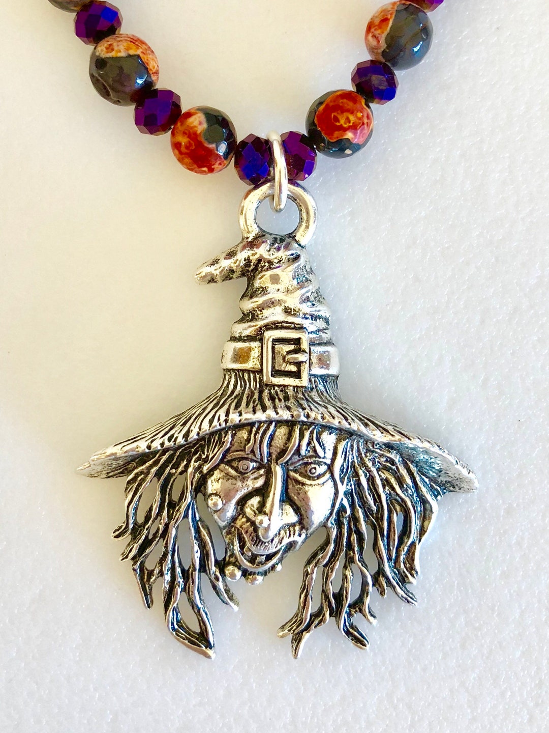 Witch Necklace, Large Scary Witch Face, Black and Orange Necklace ...