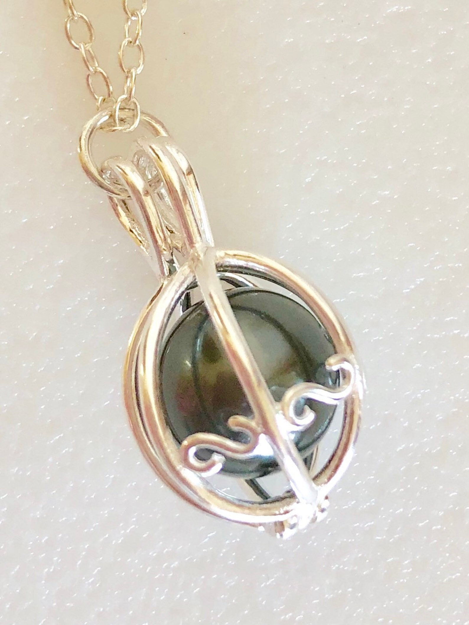 Sterling Silver Pearl Cage Necklace, Genuine Freshwater Pearl, White ...