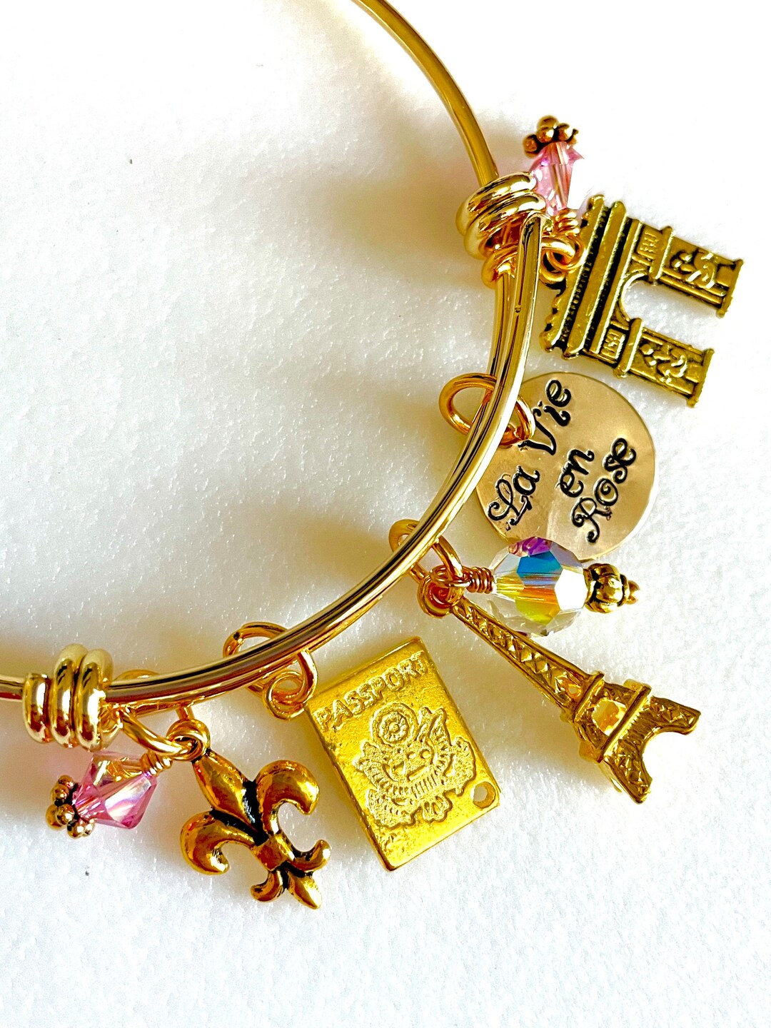 Paris Bangle Bracelet, Gold Paris Charm Bracelet, "la Vie En Rose ...