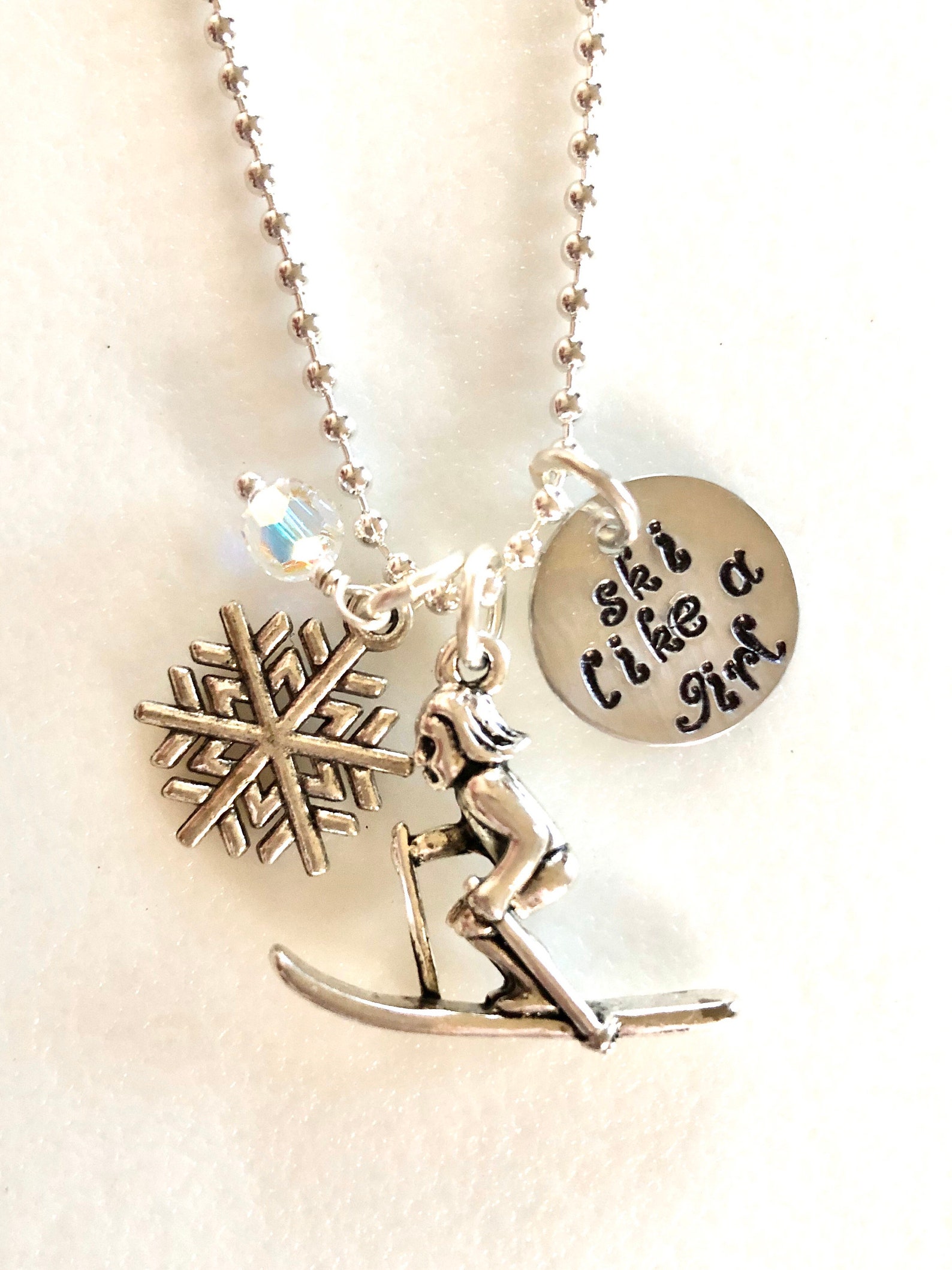 Ski Charm Necklace, Snow Skier Necklace, Hand Stamped "ski Like A Girl ...