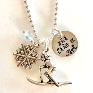 Ski Charm Necklace, Snow Skier Necklace, Hand Stamped "ski Like A Girl ...