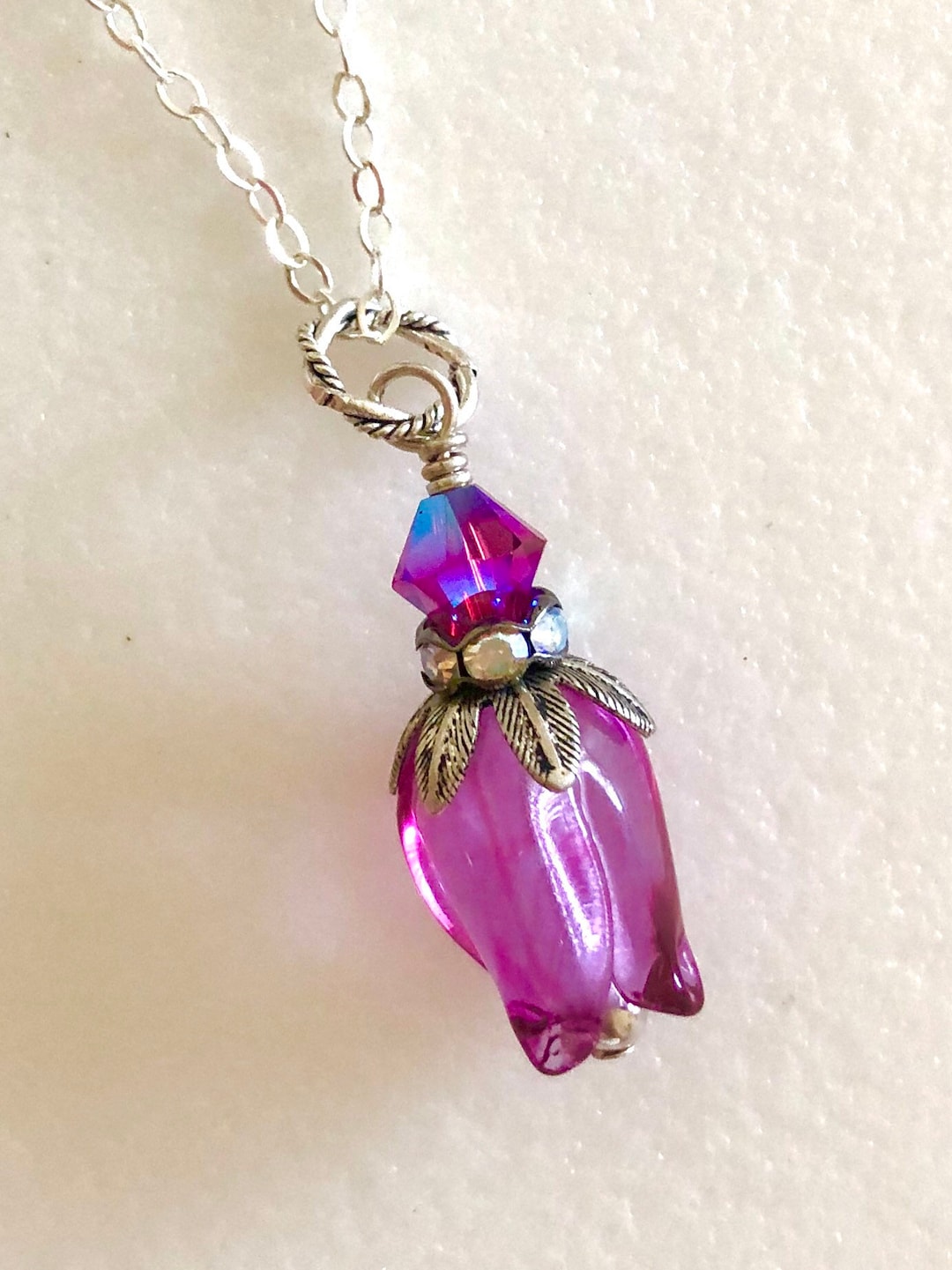 Berry Pink Tulip Necklace, Pink Lampwork Tulip, Artisan Handmade ...