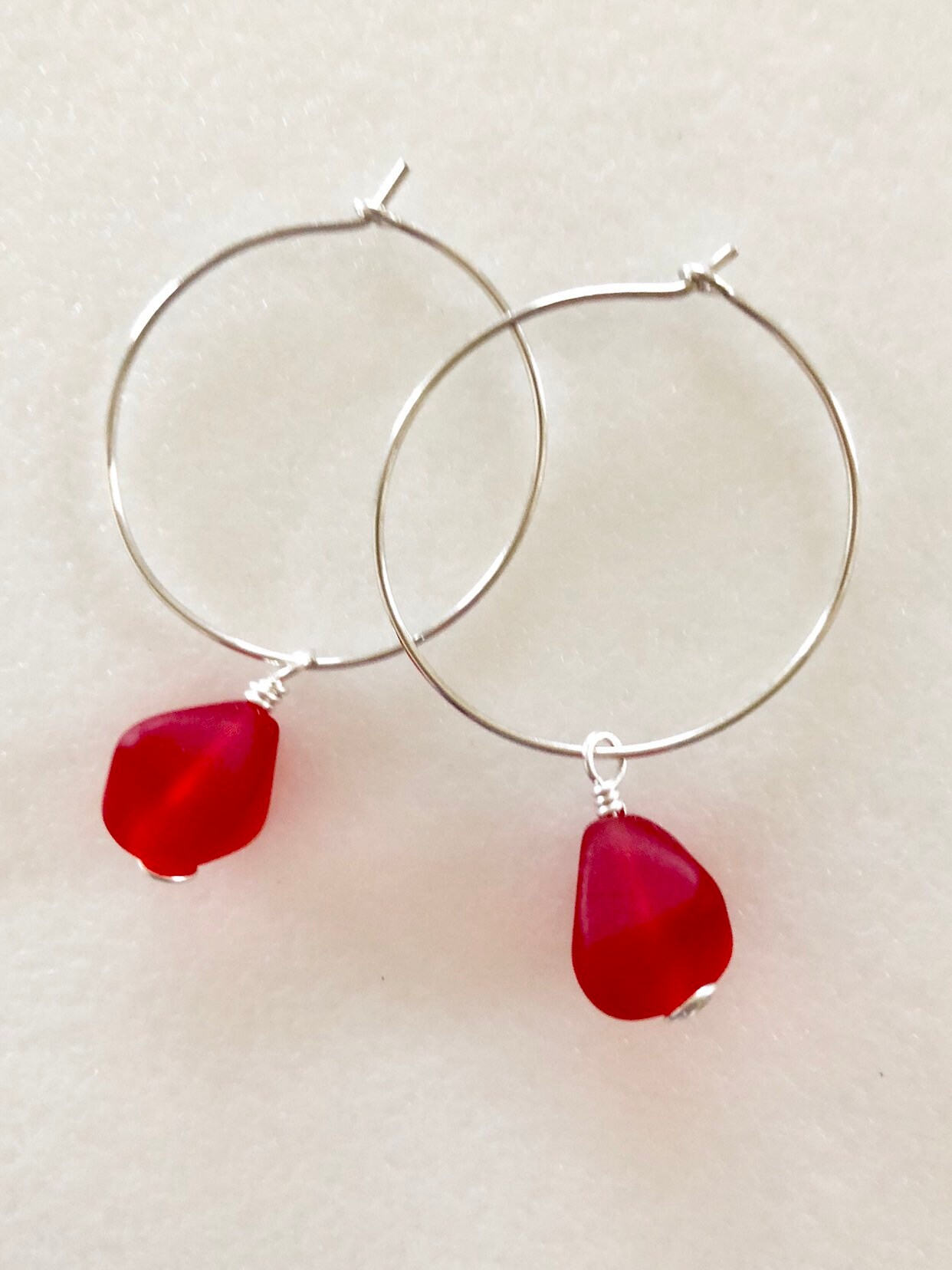 Red Sea Glass Hoop Earrings Cultured Red Sea Glass Nuggets 1 | Etsy