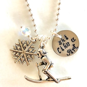 Ski Charm Necklace, Snow Skier Necklace, Hand Stamped "ski Like A Girl ...
