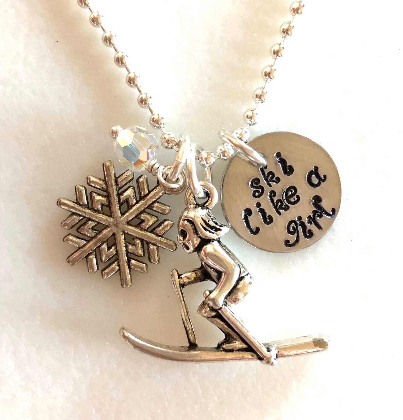 Ski Charm Necklace Snow Skier Necklace Hand Stamped - Etsy