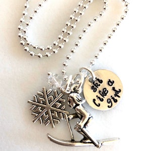 Ski Charm Necklace, Snow Skier Necklace, Hand Stamped "ski Like A Girl ...