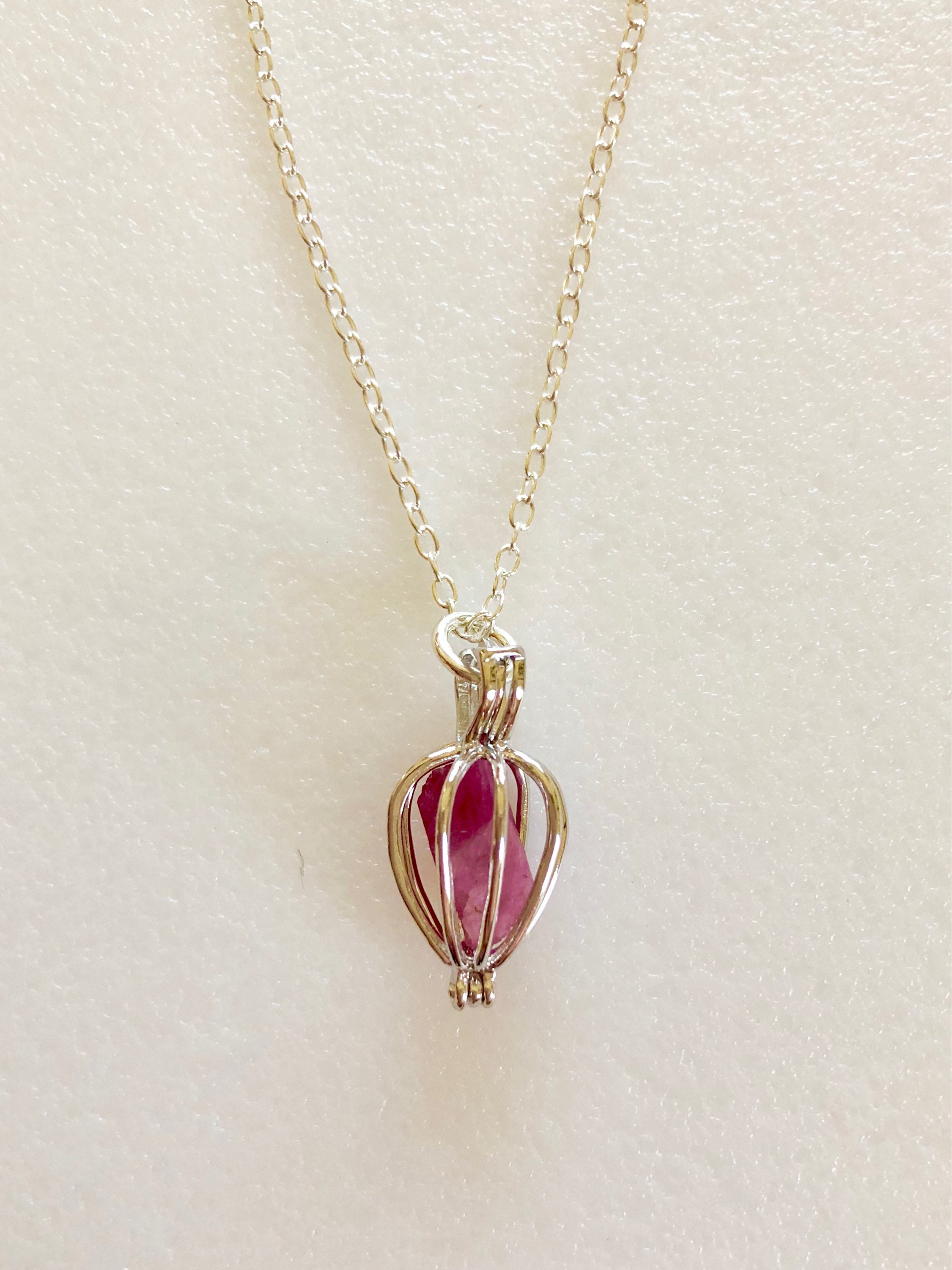 Ruby Cage Necklace, Sterling Silver Teardrop Cage, Genuine Red Ruby ...