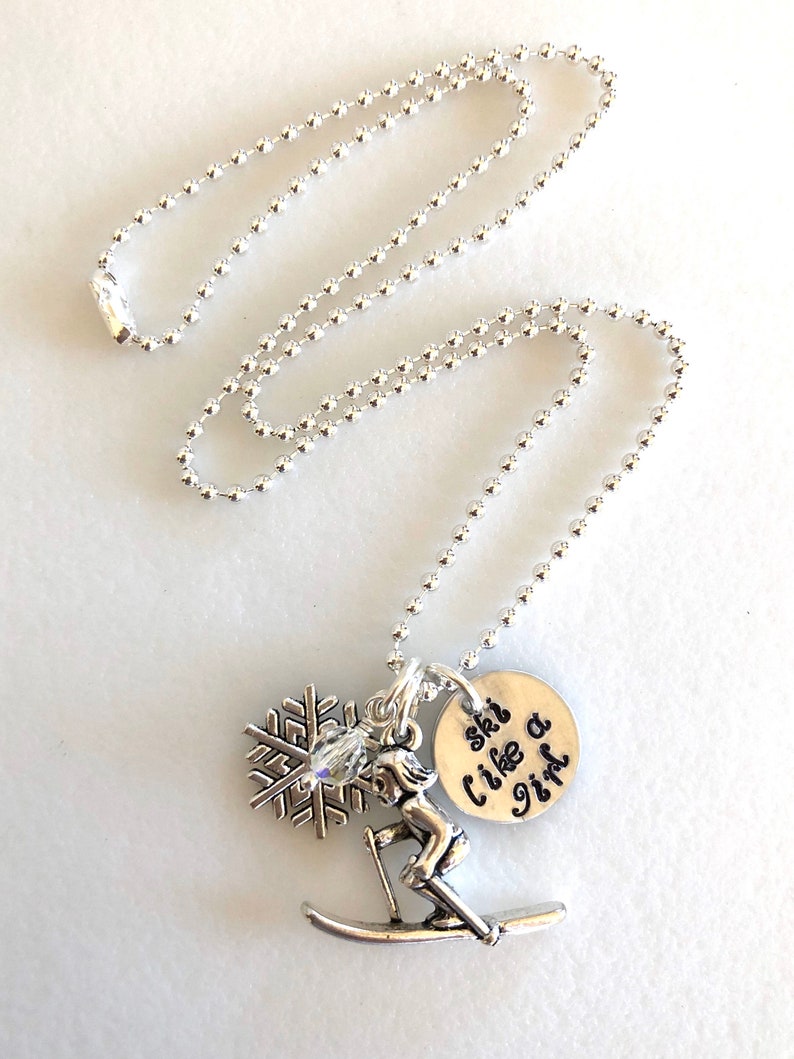 Ski Charm Necklace Snow Skier Necklace Hand Stamped - Etsy