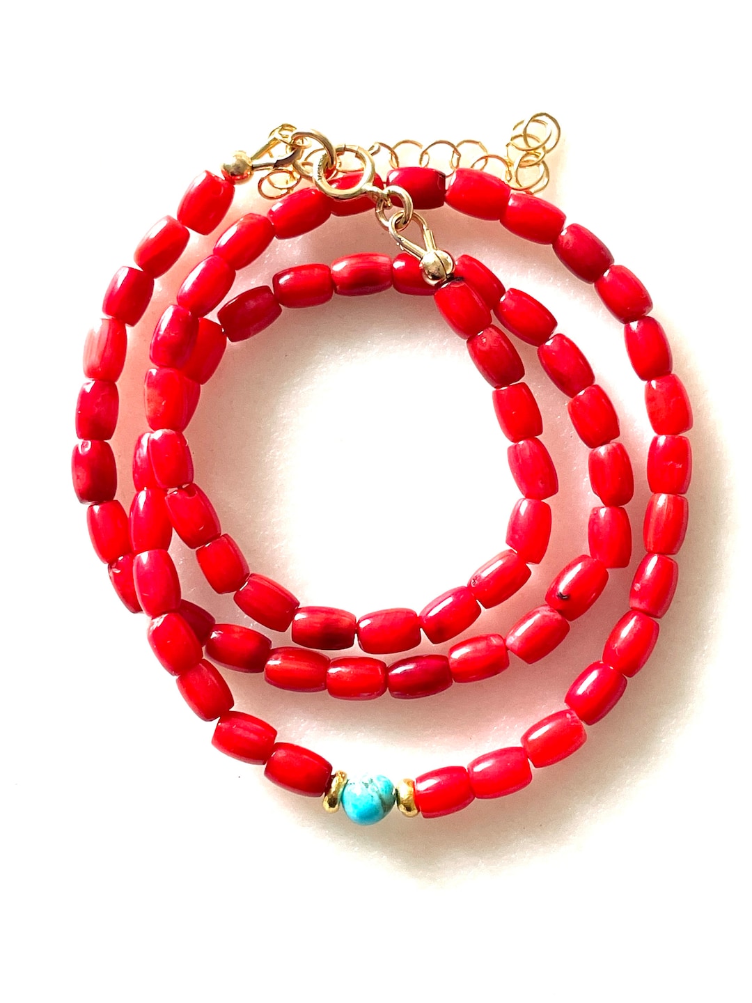 Red Coral Choker, Kingman Turquoise, Genuine Coral Gemstone, 24K Gold ...