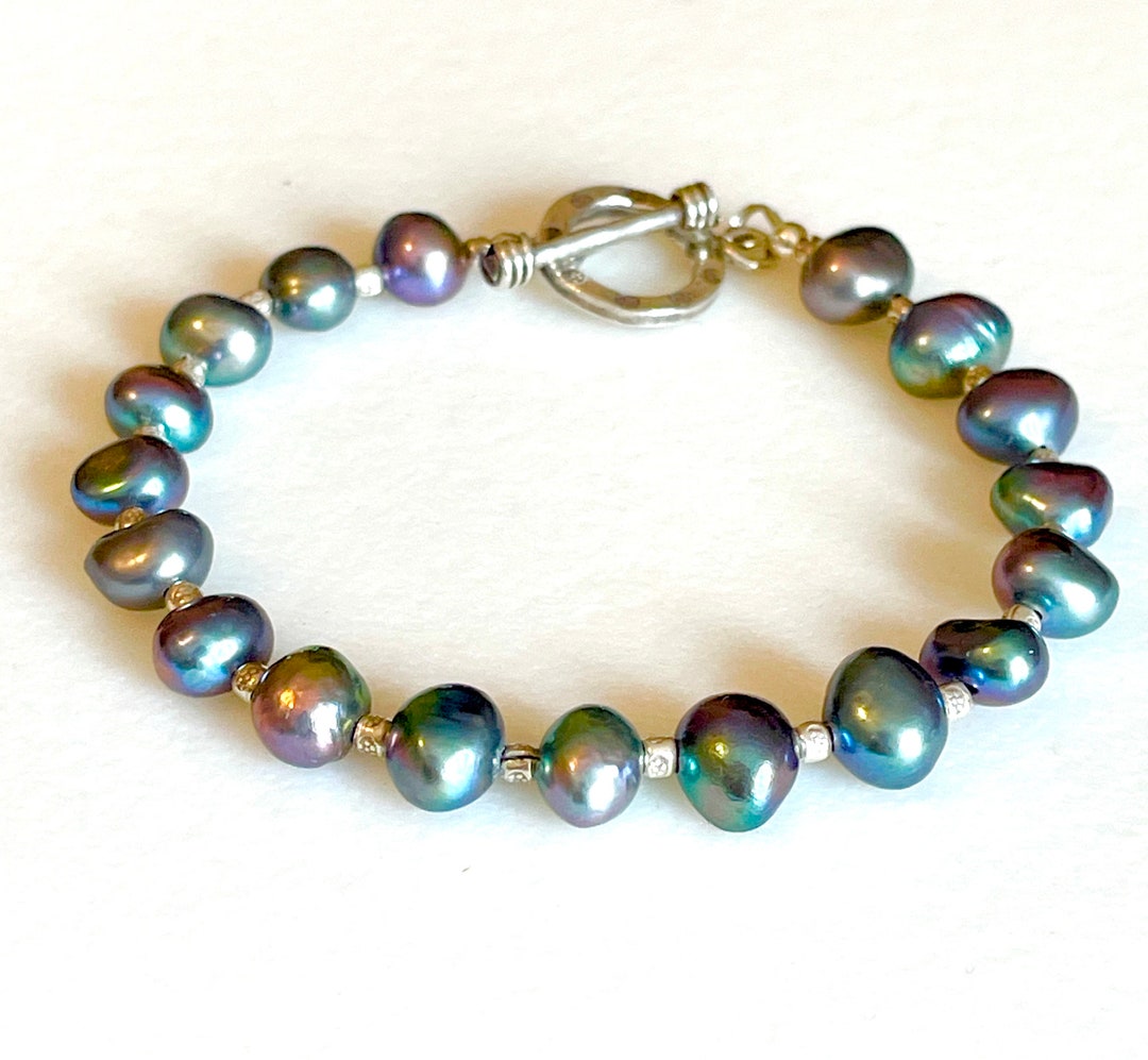 Peacock Blue Pearl Bracelet, Petite Black Tahitian Baroque Pearls ...