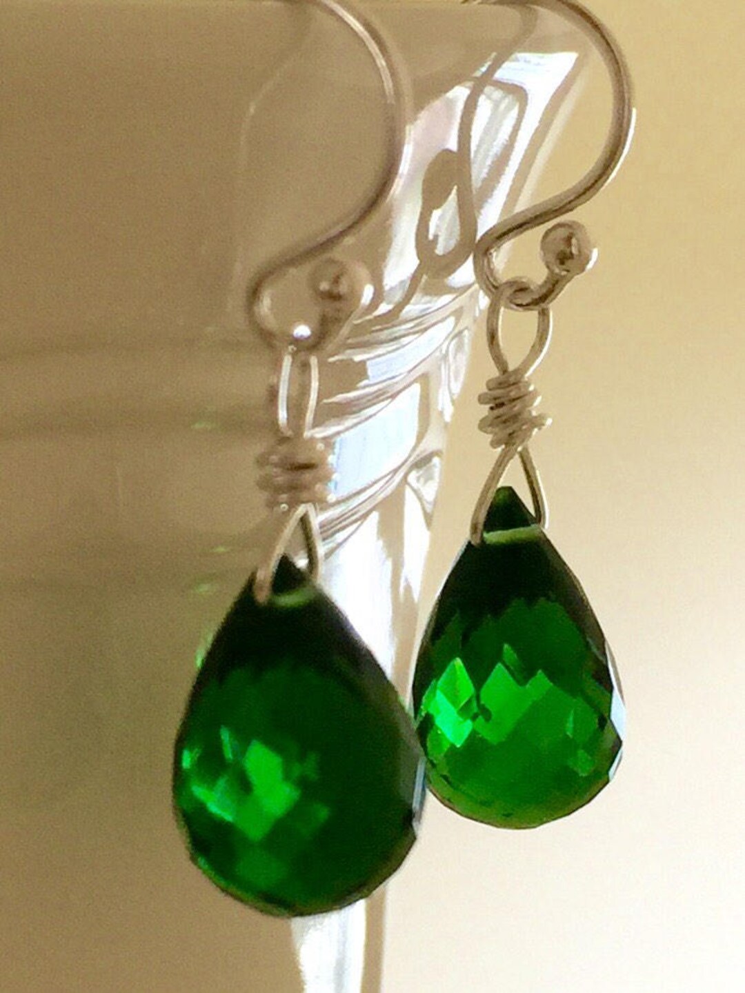 Emerald Green Earrings Dark Green Quartz Teardrops May Birthstone Giant Faceted Briolettes