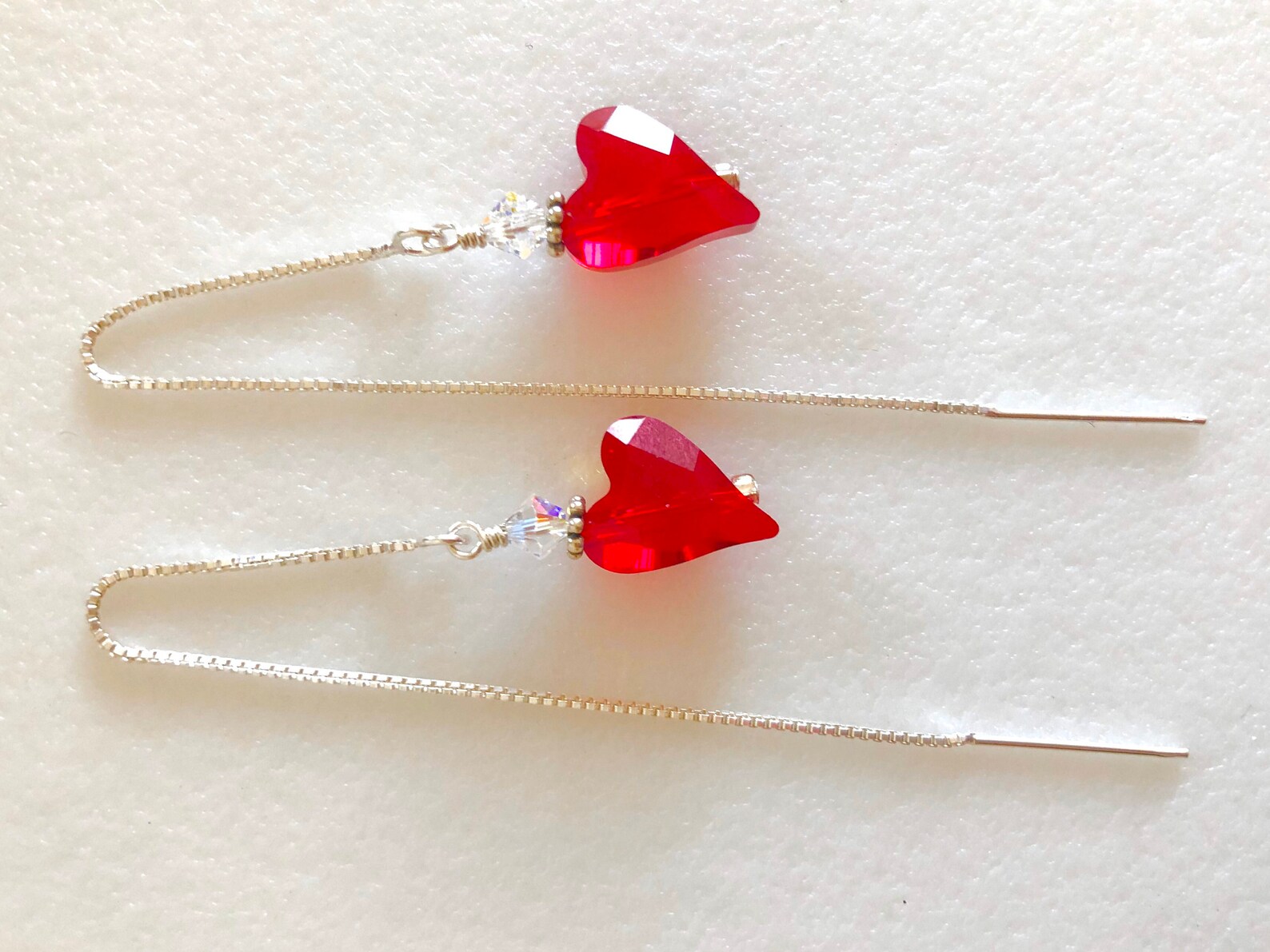 Red Heart Threader Earrings Swarovski Red Crystal Hearts - Etsy