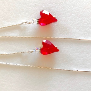 Red Heart Threader Earrings, Swarovski Red Crystal Hearts, Valentines ...