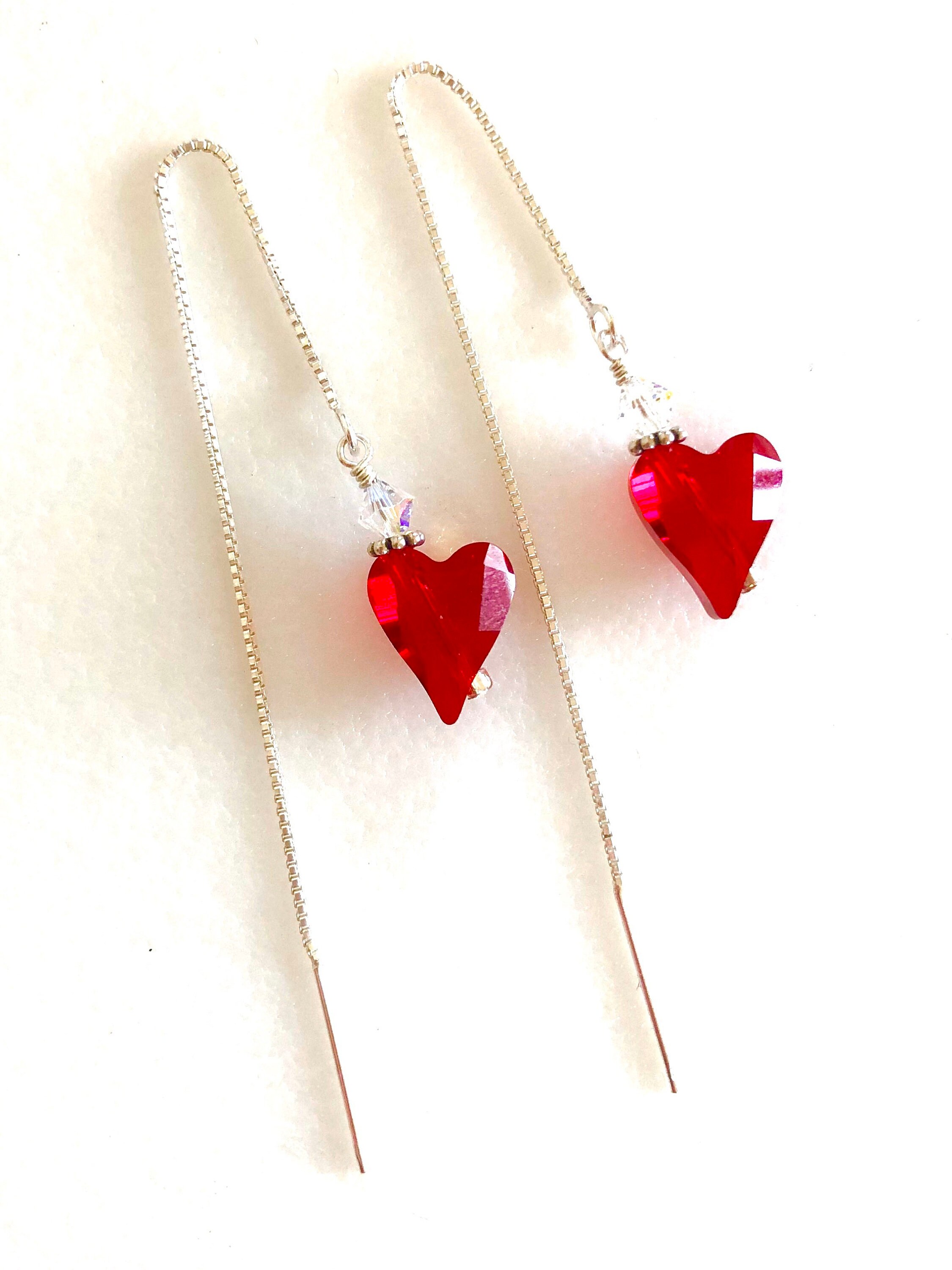 Red Heart Threader Earrings Swarovski Red Crystal Hearts - Etsy
