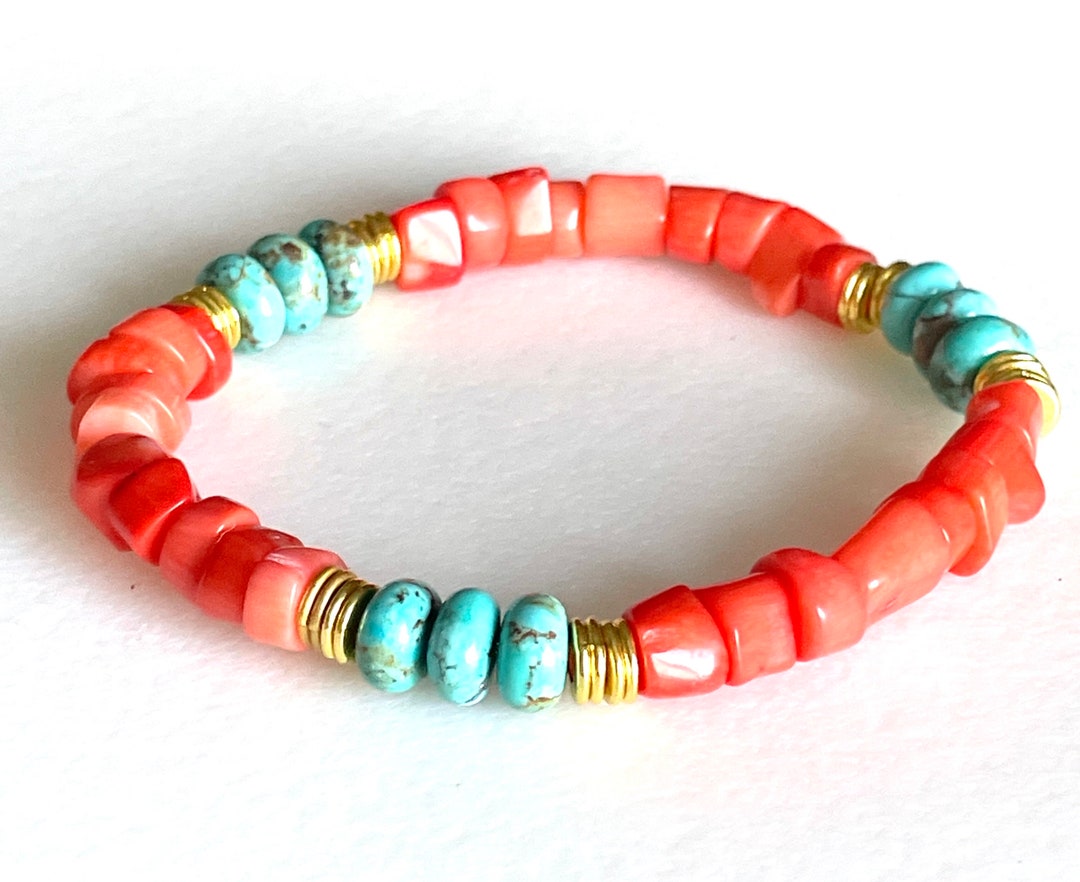 Kingman Turquoise and Peach Coral Bracelet, Genuine Arizona Turquoise ...