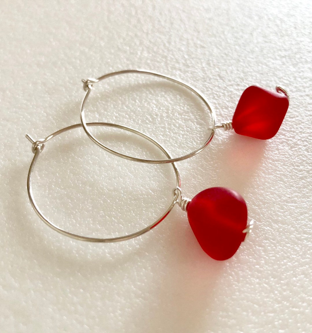 Red Sea Glass Hoop Earrings, Cultured Red Sea Glass Nuggets, 1 1/4 ...