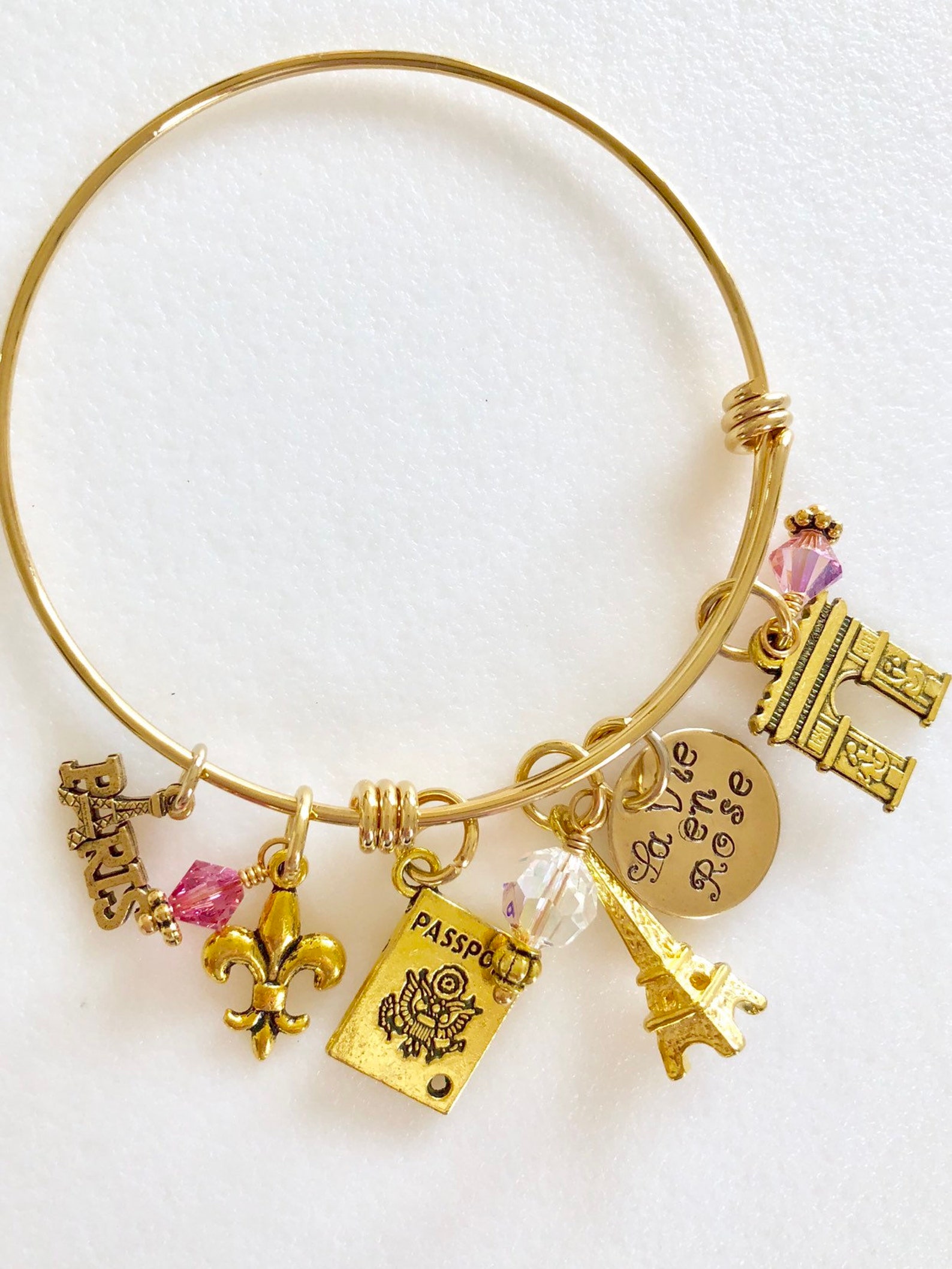 Paris Bangle Bracelet Gold Paris Charm Bracelet La Vie | Etsy