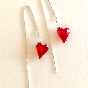 Red Heart Threader Earrings, Swarovski Red Crystal Hearts, Valentines ...