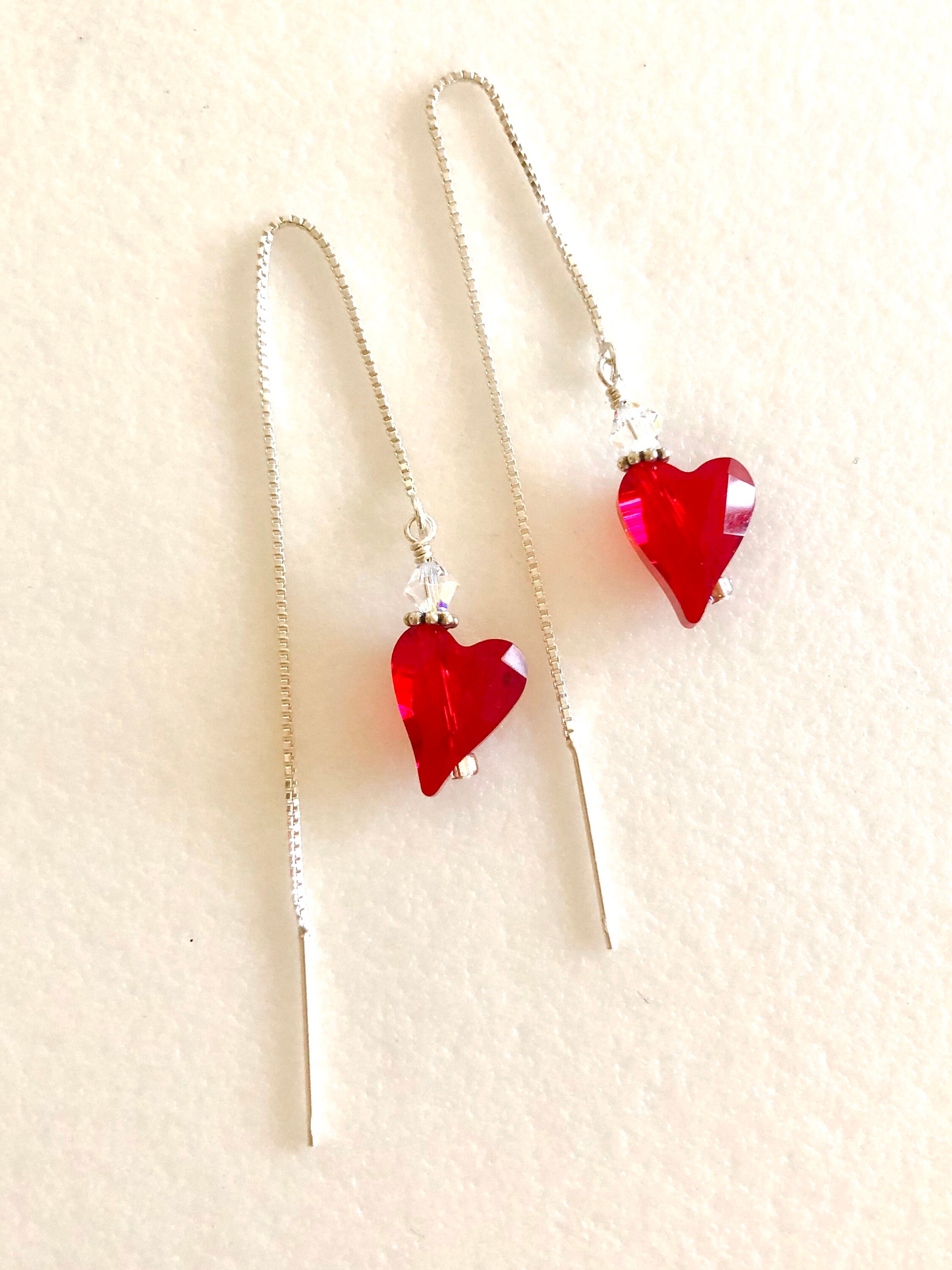 Red Heart Threader Earrings Swarovski Red Crystal Hearts - Etsy