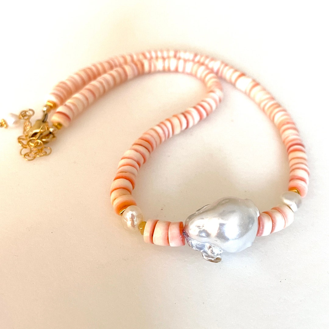 Pink Shell and Baroque Pearl Choker, Natural Pink Puka Shell, Large ...