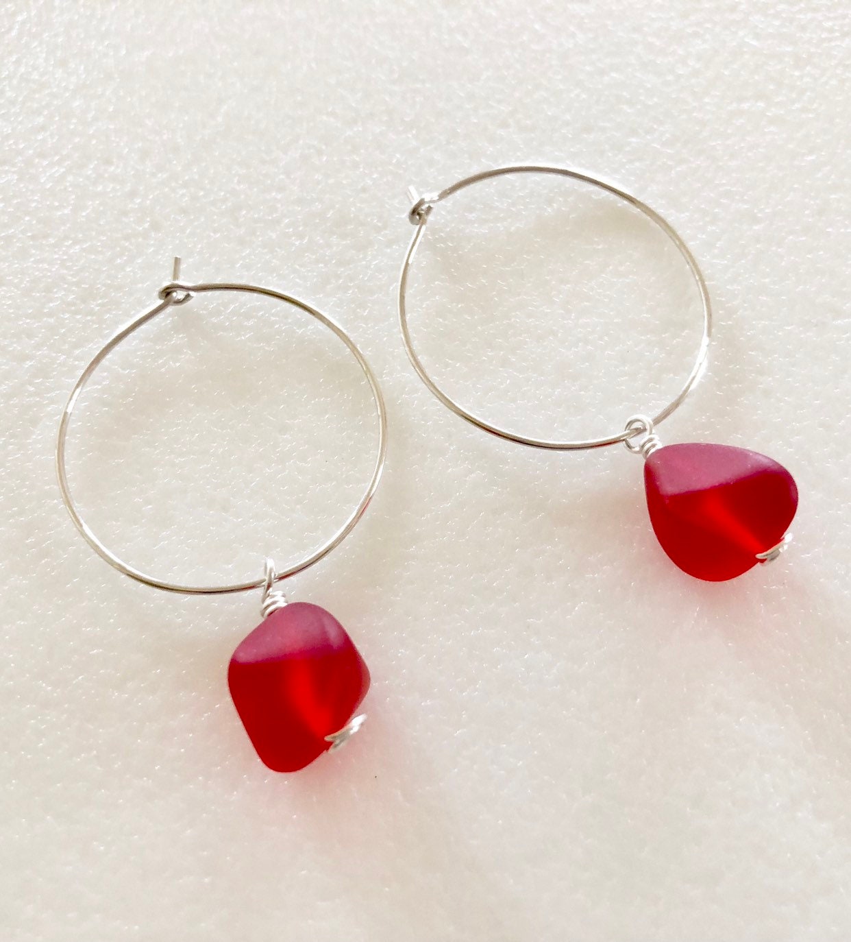 Red Sea Glass Hoop Earrings Cultured Red Sea Glass Nuggets 1 | Etsy