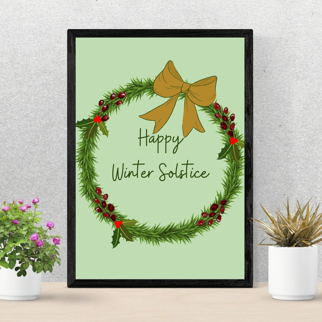 Winter Solstice Print, Holly and Garland Wreath, Pagan Yule Decor ...