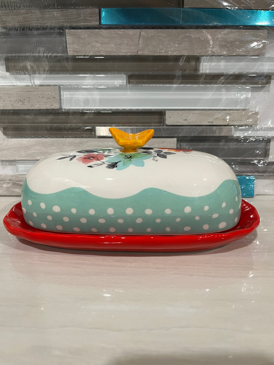 Pioneer Woman Ree Drummond Ceramic Colourful Polka Dot Two Piece Butter ...