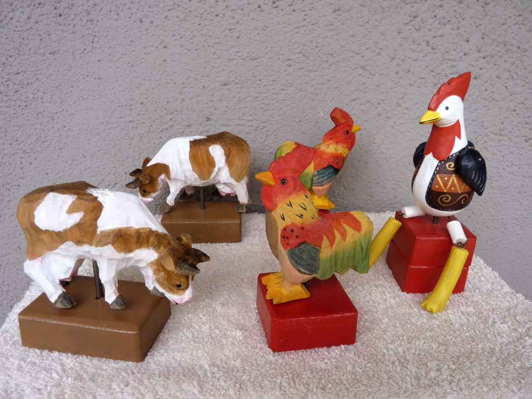 FARM ANIMALS Folk Art Woods Collection - Cow & Rooster -carved-painted ...