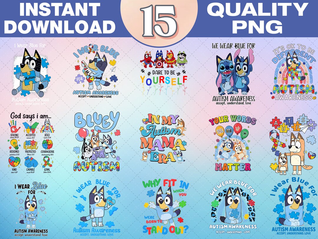 15 Bluey Autism PNG Bundle, Blue Dog Family & Friends PNG, Bluey Autism ...
