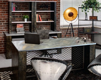 Industrial L Shape Barrel Front Desk With Hutch and File Stainless ...