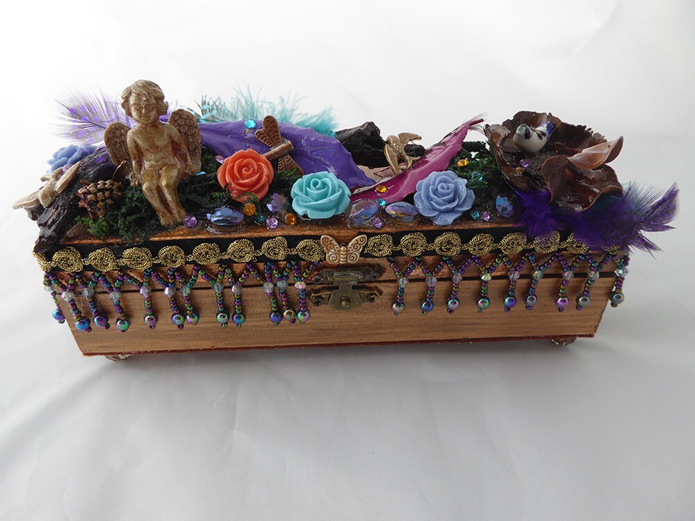 Decorative Wood Box, Handcrafted Wood Box, Jeweled Keepsake Box, Angel ...