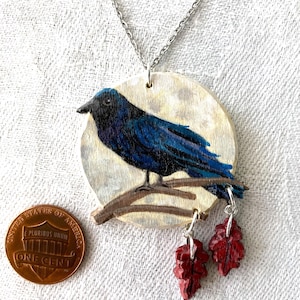 Painted Raven & Full Moon Necklace | Handmade Fall Pendant | Autumn ...