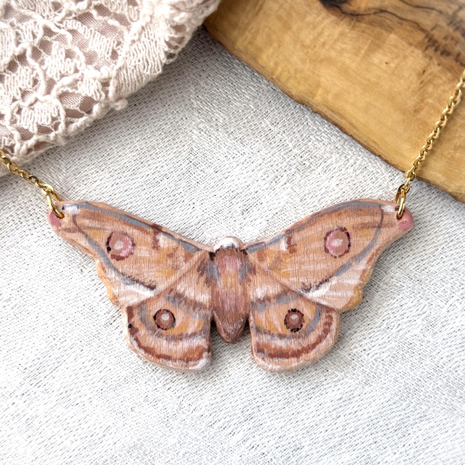 Painted Wooden Pink Emperor Gum Moth Necklace - Etsy