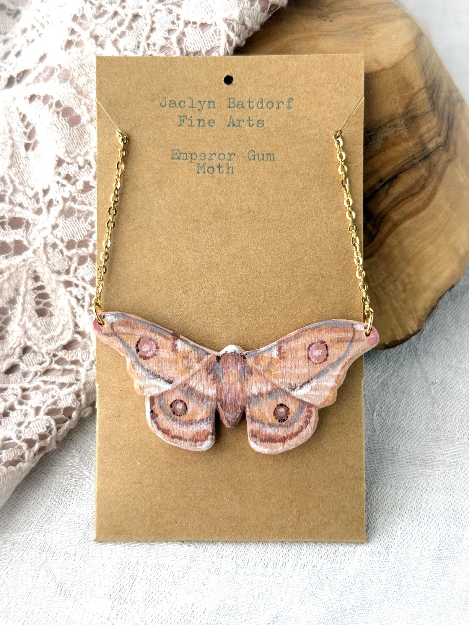 Painted Wooden Pink Emperor Gum Moth Necklace - Etsy