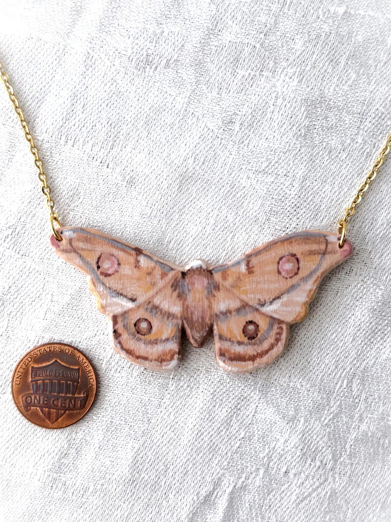 Painted Wooden Pink Emperor Gum Moth Necklace - Etsy