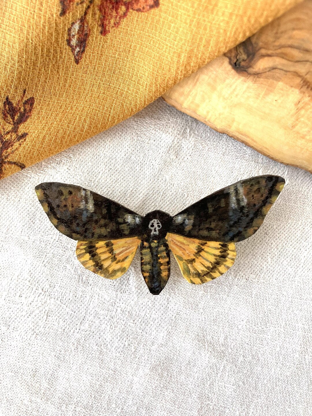 Painted Deaths Head Moth Brooch | Handmade Wooden Moth Pin | Witchy ...