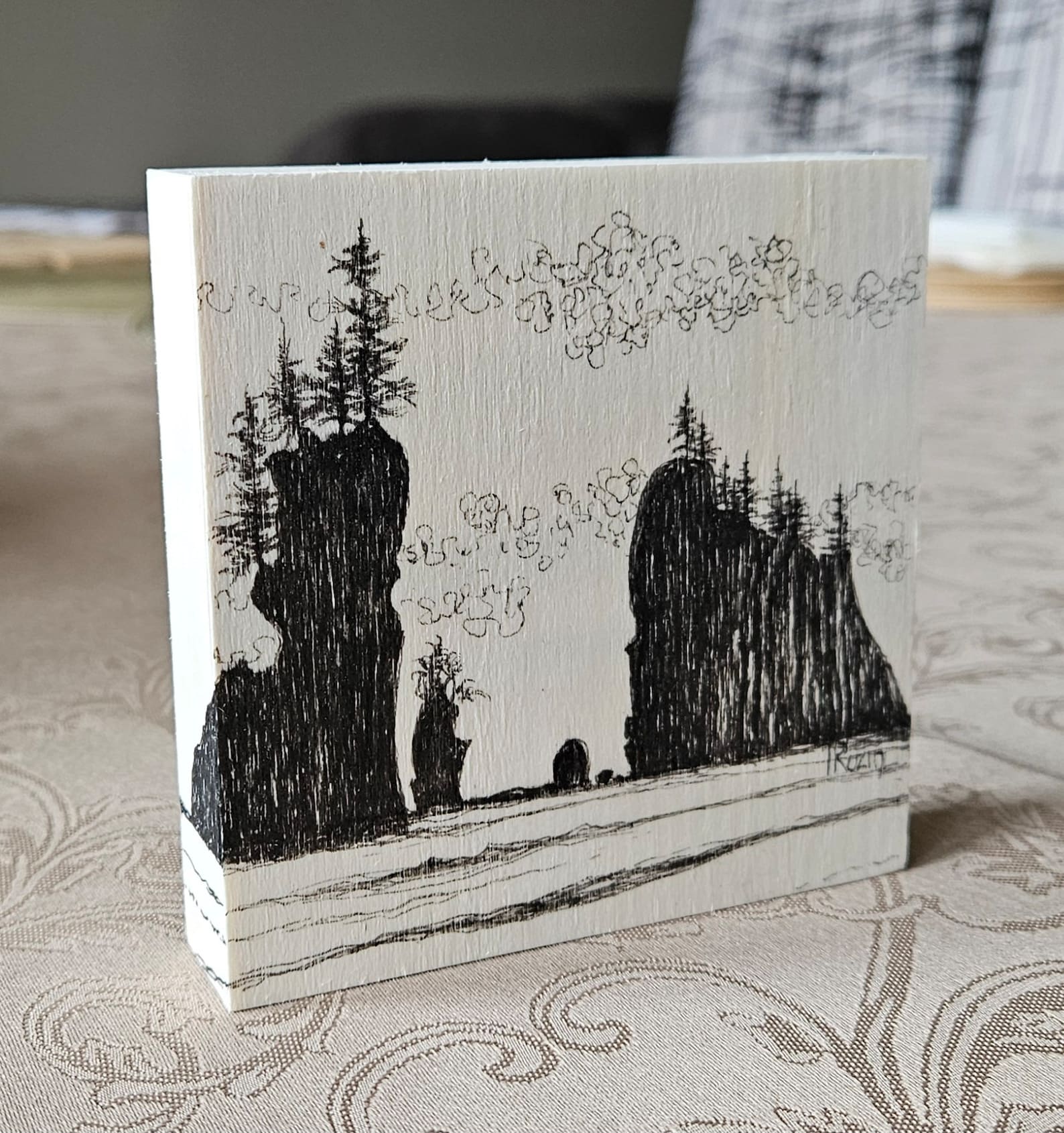 Original Drawing, 4x4, Handmade, Pine Trees Drawing, Wood Panel ...