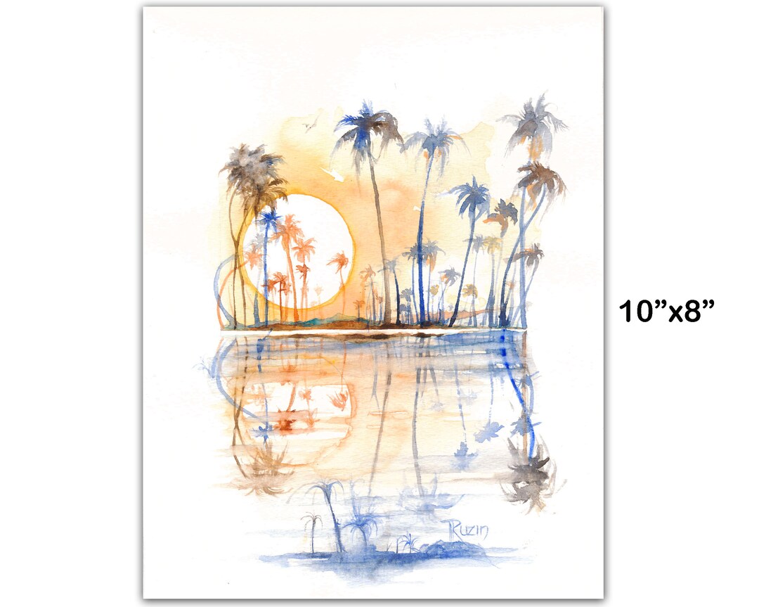 Original Palm Trees Watercolor Painting, Sunset Reflection, 10x8 Art - Etsy