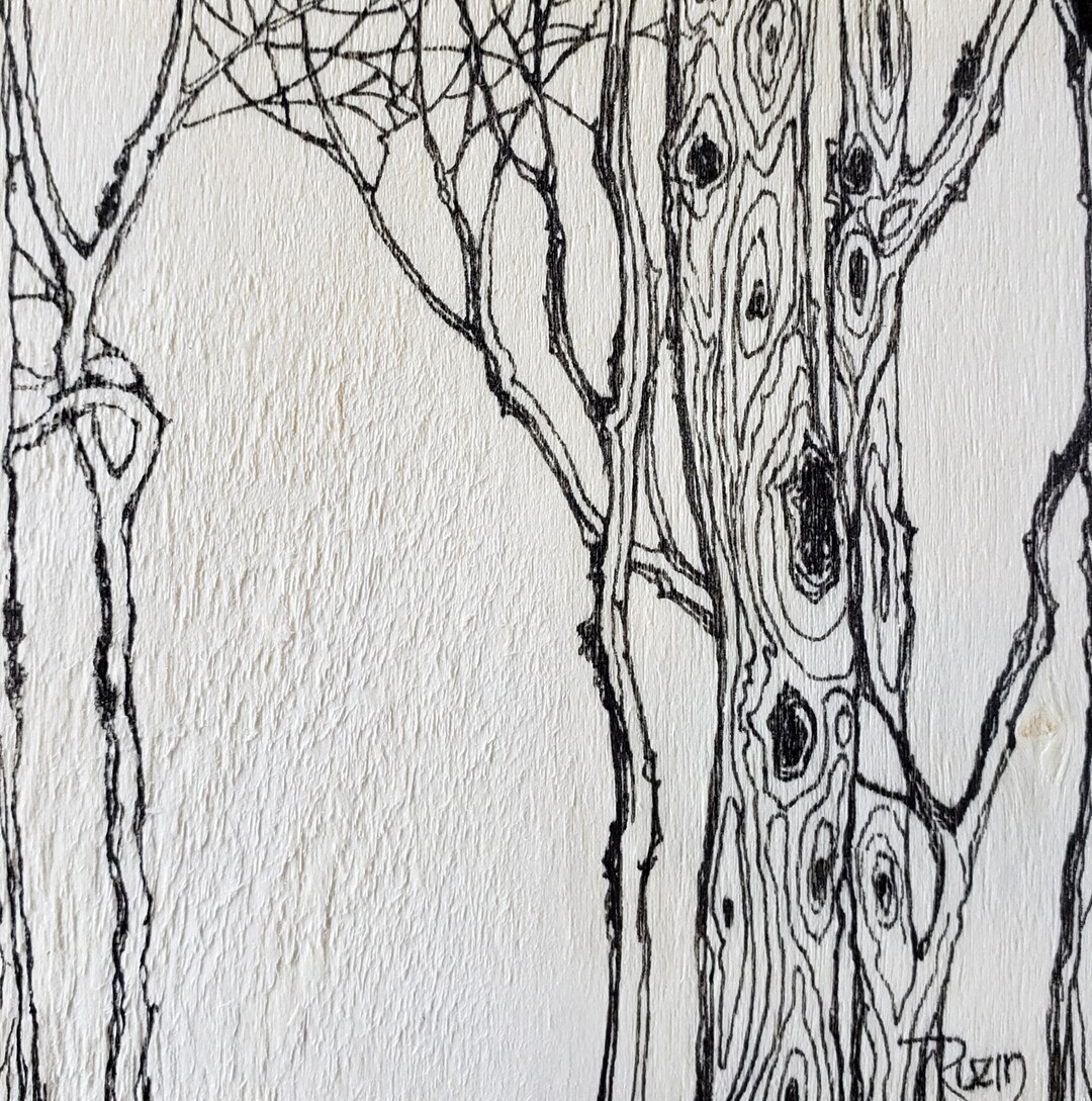 Original Pen and Ink Tree Art, Handmade Birch Wood Panel (4x4) - Etsy