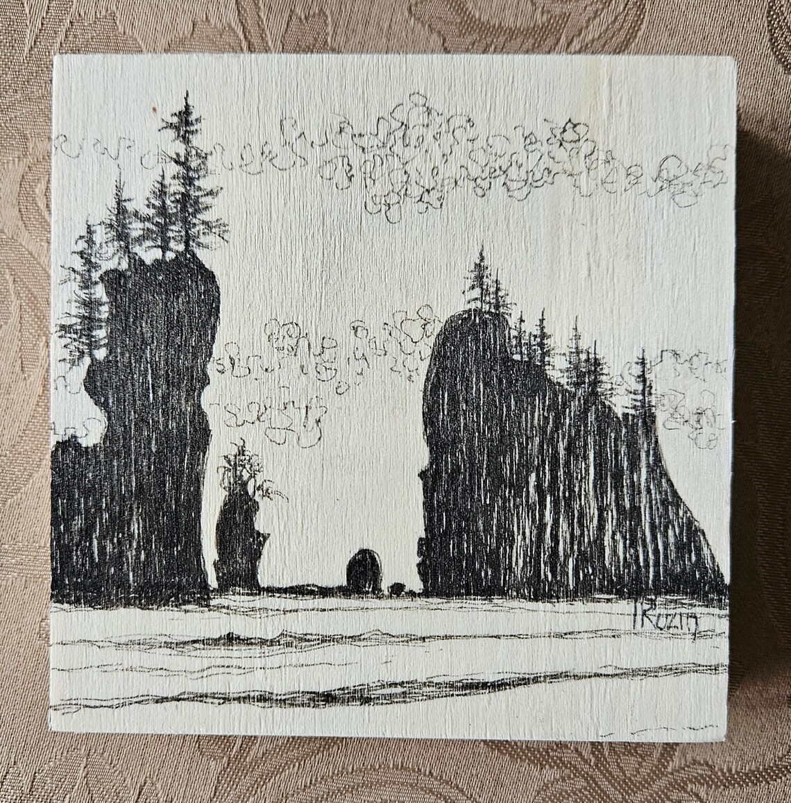 Original Drawing, 4x4, Handmade, Pine Trees Drawing, Wood Panel ...