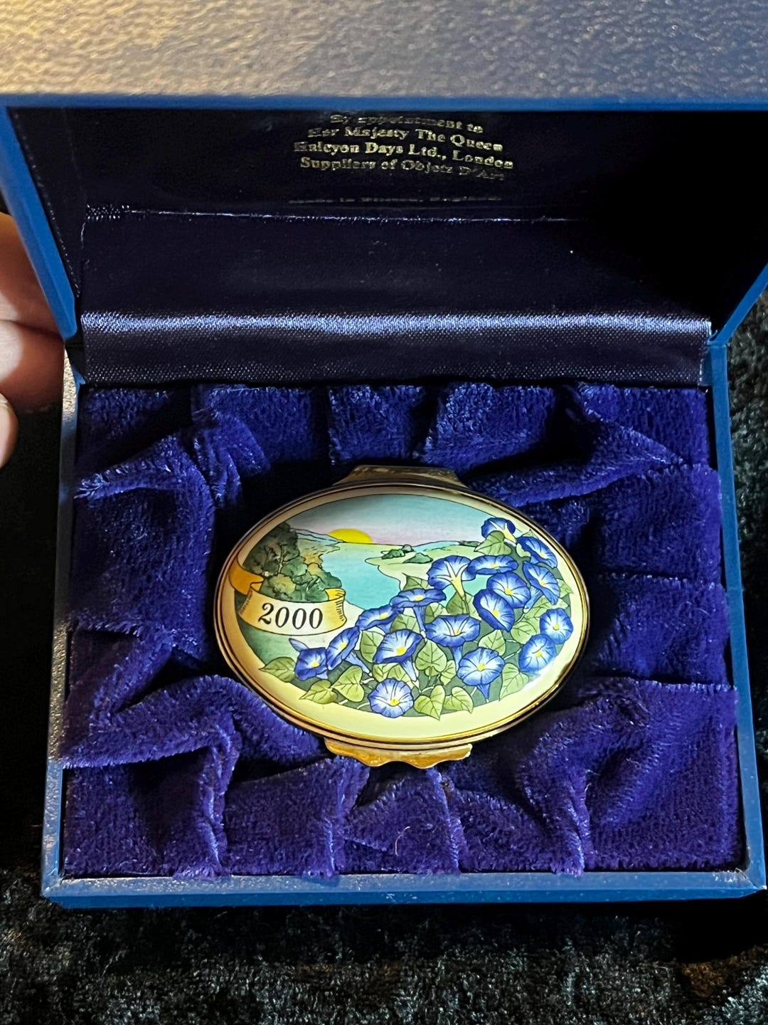 Halcyon Days “A Year to Remember” 2000 Enamel Pill Box / Blue Trumpet ...