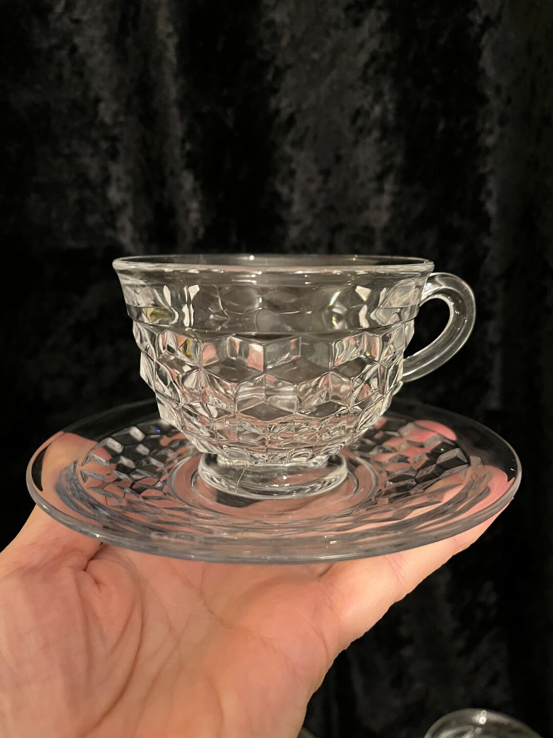 Fostoria “american Clear Diamond Cut Cups and Saucers / 4 Sets ...