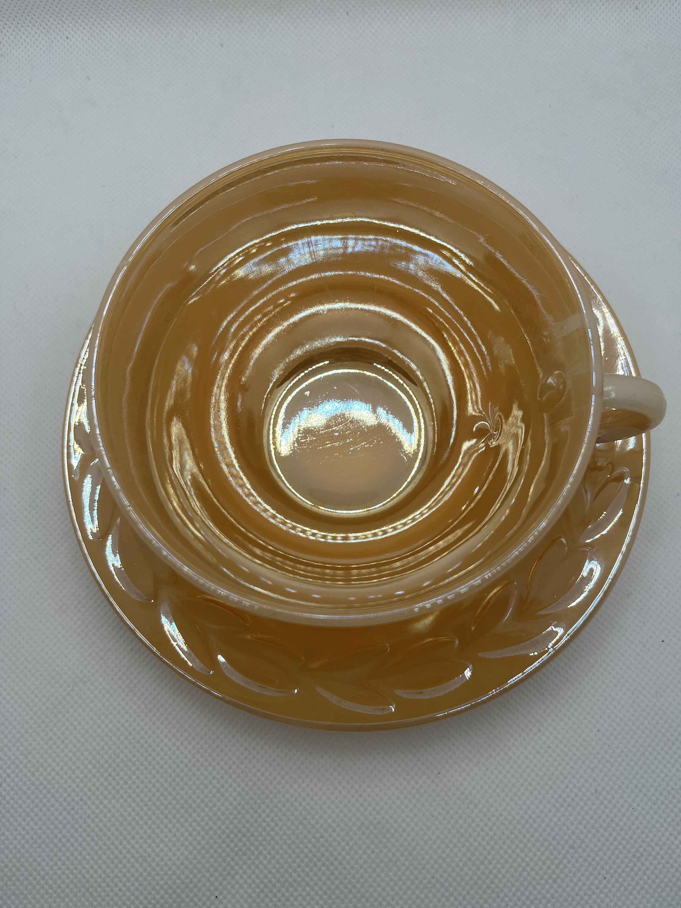 Fire King Marigold Peach Luster Ware Teacup and Saucer Orange W/ Laurel ...