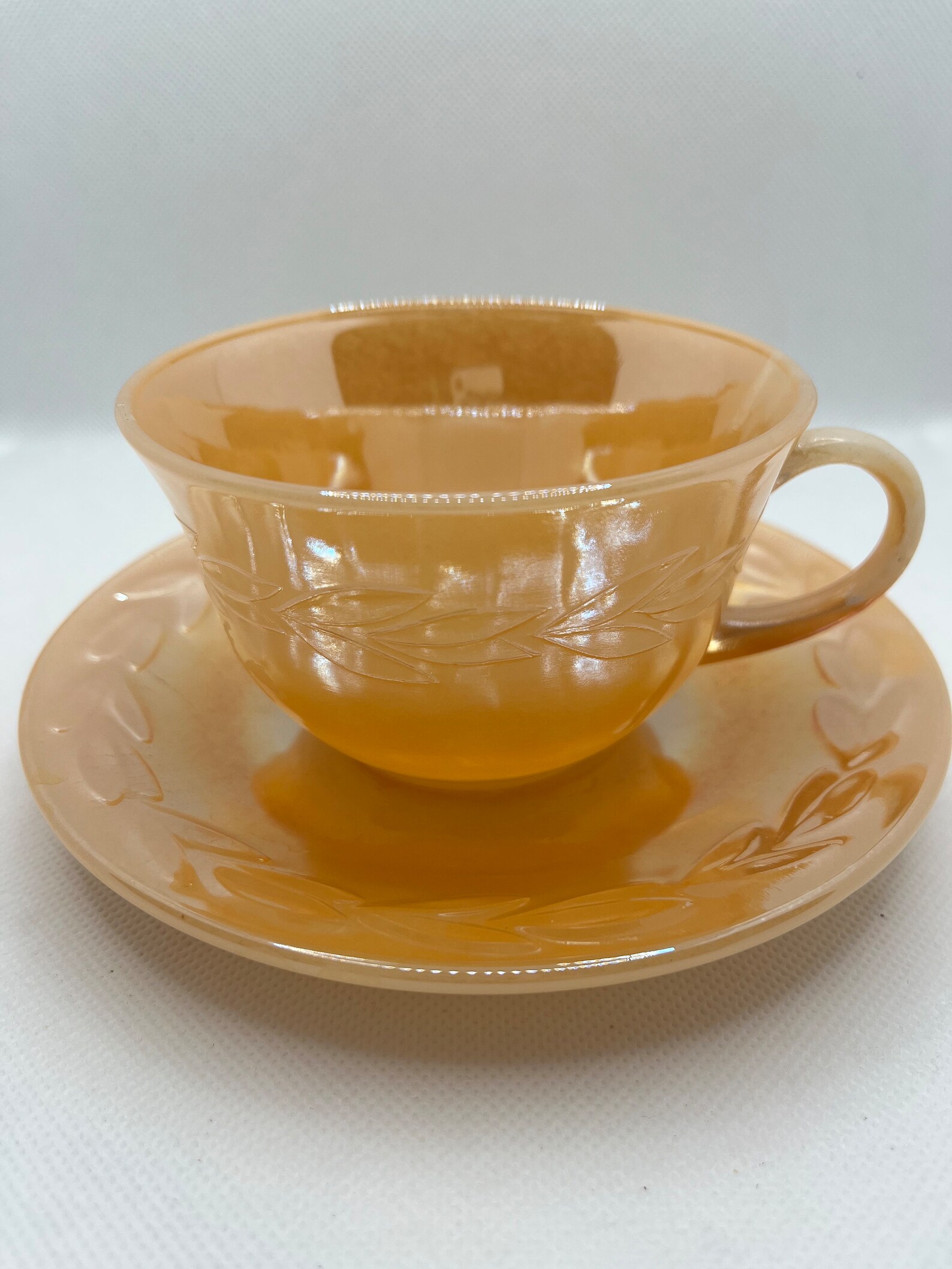 Fire King Marigold Peach Luster Ware Teacup and Saucer Orange W/ Laurel ...
