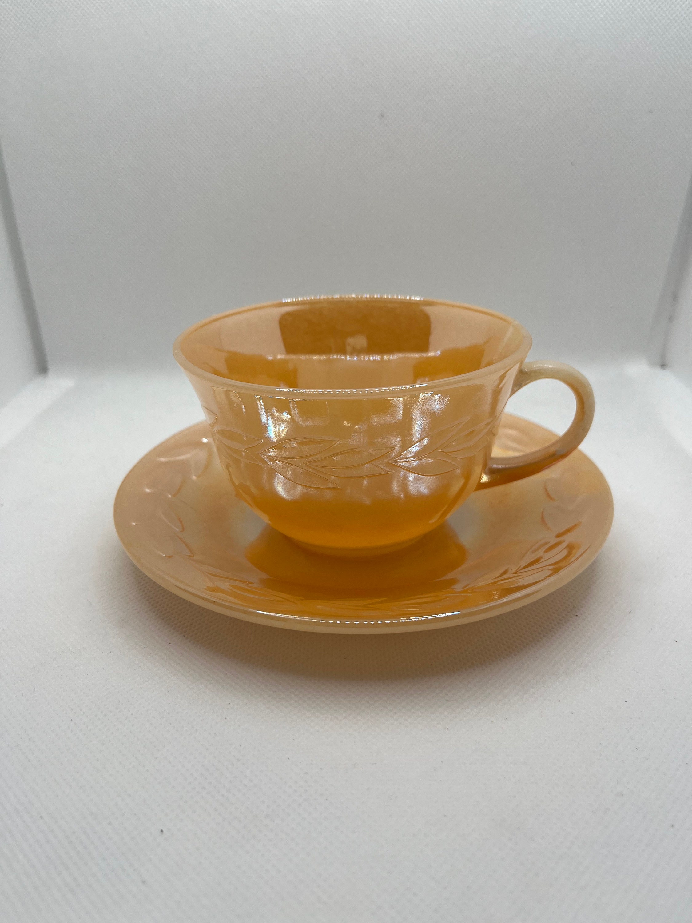 Fire King Marigold Peach Luster Ware Teacup and Saucer Orange W/ Laurel ...