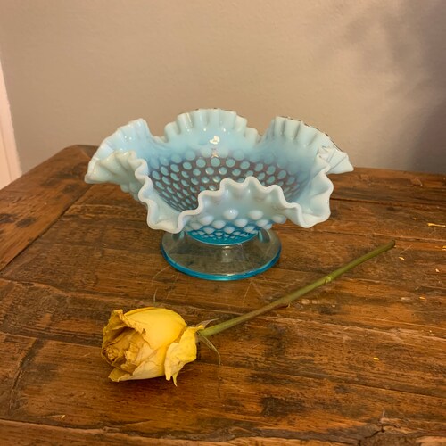 Fenton Blue Opalescent Hobnail Ruffled Bowl - Etsy