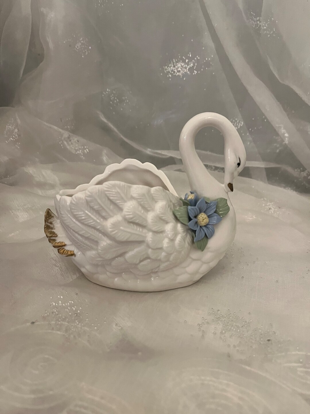 Porcelain Swan With Capodimonte-style Blue Flowers / French Country - Etsy