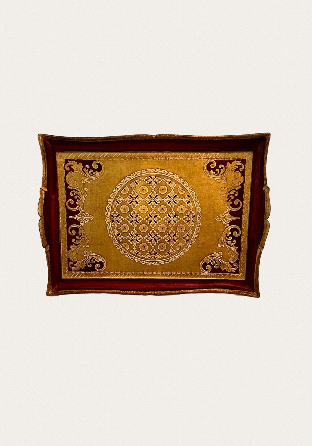 Italian Florentine Sezzattini Wooden Tray Burgundy and Gold Platter ...